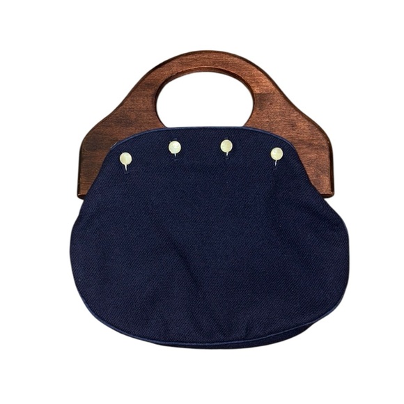 Vintage | Bags | Vintage Bermuda Bag With Navy Blue Cover Wooden Handle ...